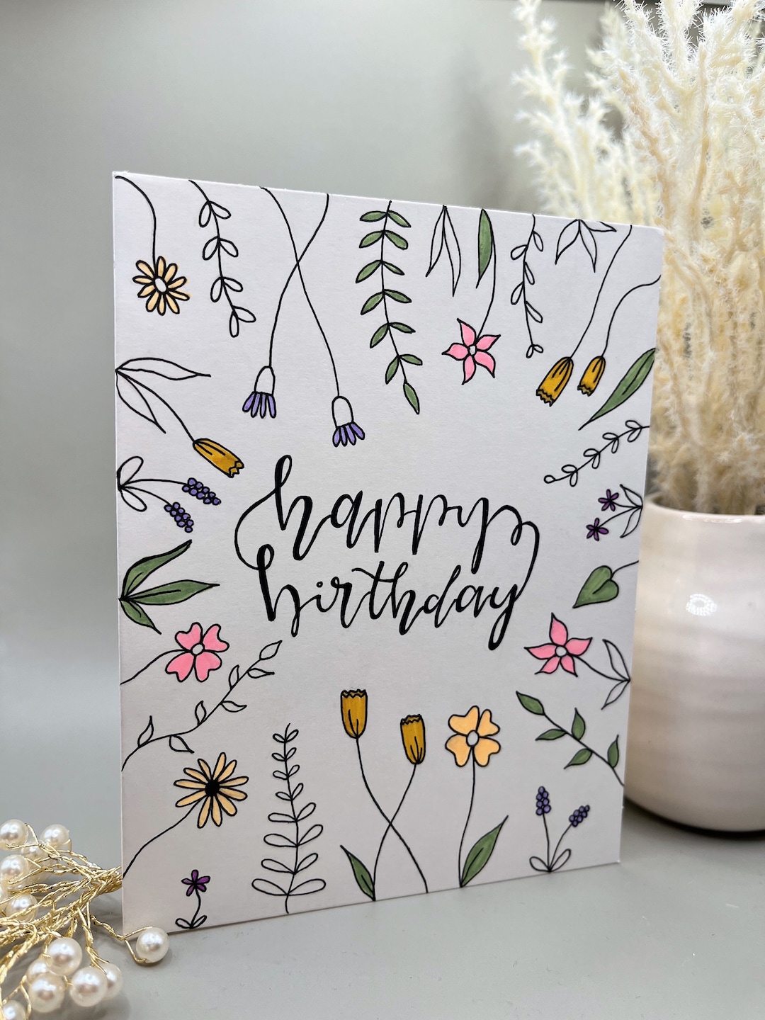 Handwritten “happy Birthday” Card - Flowers - Etsy