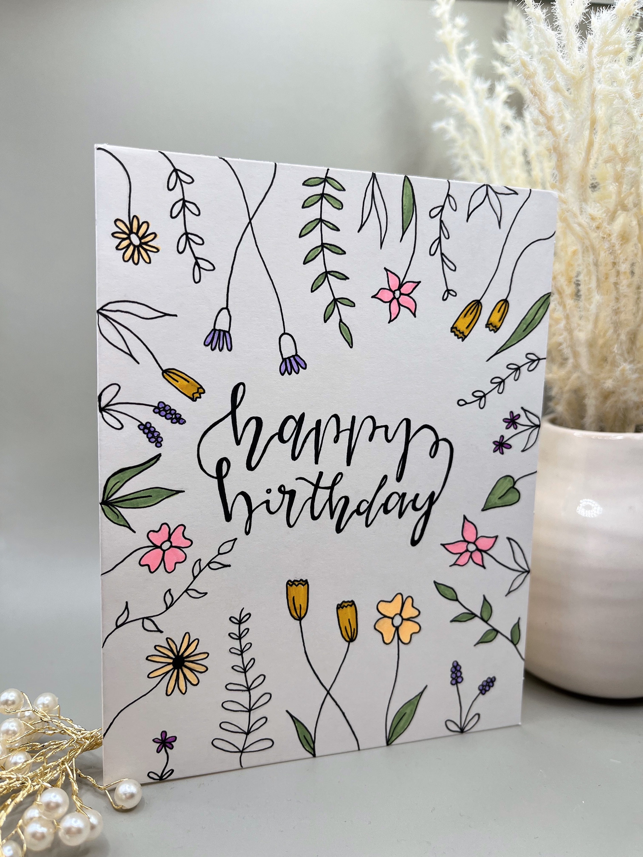 Handwritten “happy Birthday” Card - Flowers - Etsy