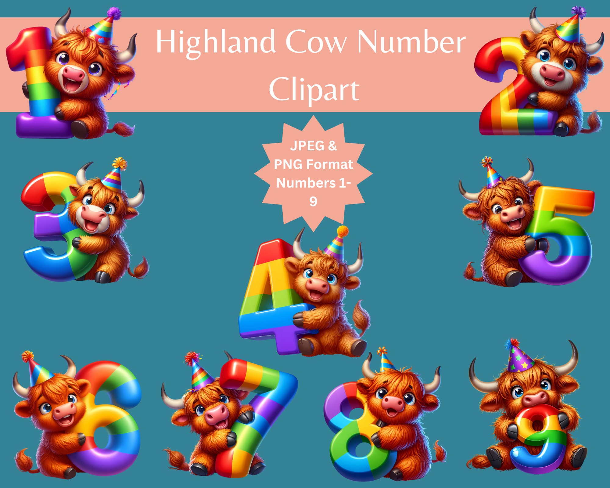 Highland Cow Clipart, Highland Cow Digital, Highland Cow Png, Number ...