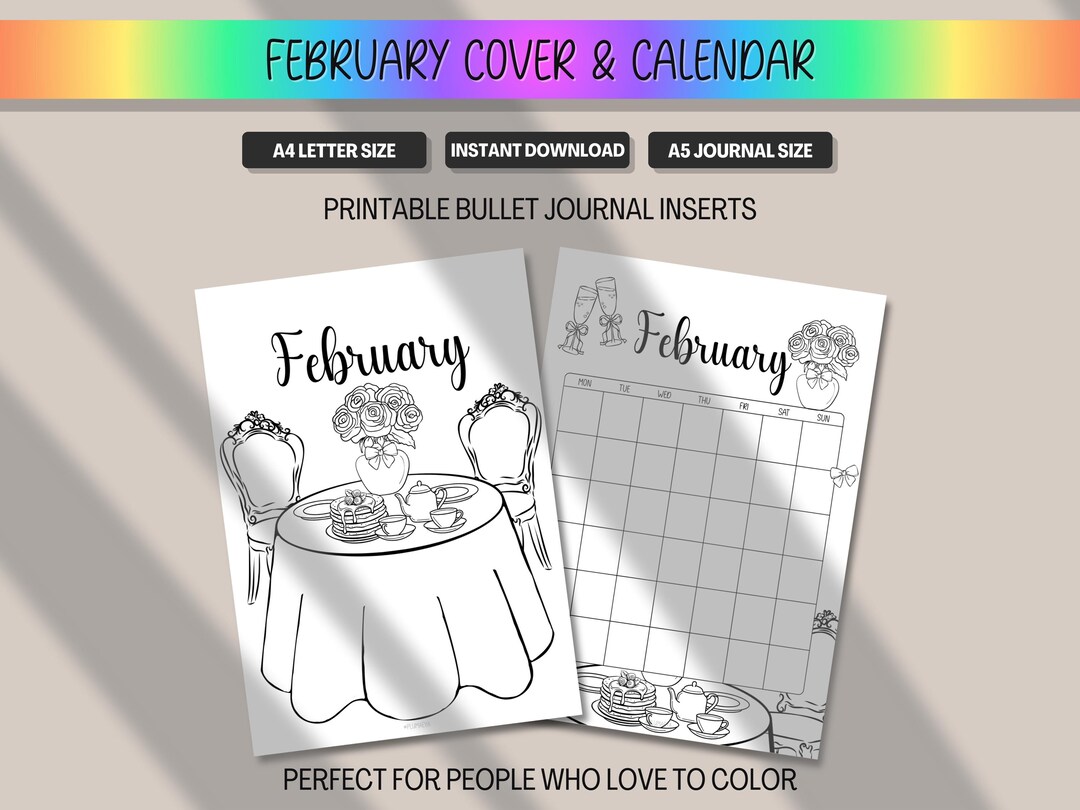 February Calendar & Cover Page, Monthly Planner Title Premade Bullet ...