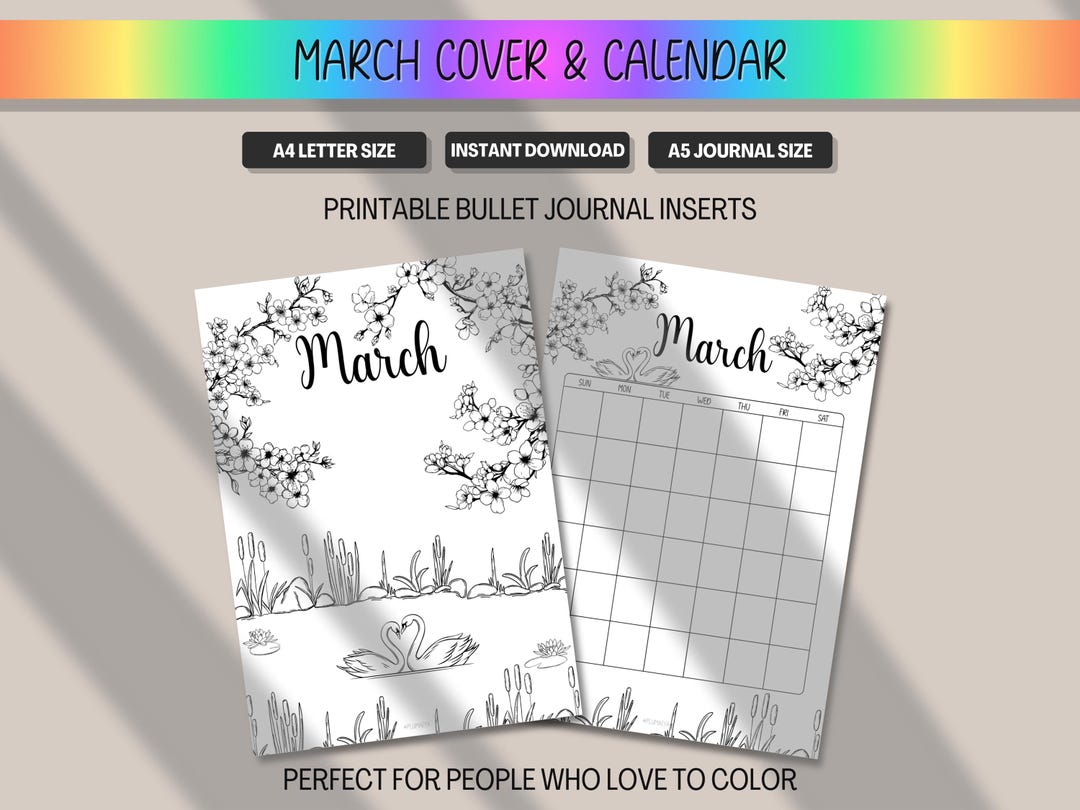 March Calendar & Cover Page, Monthly Planner Title Premade Bullet ...