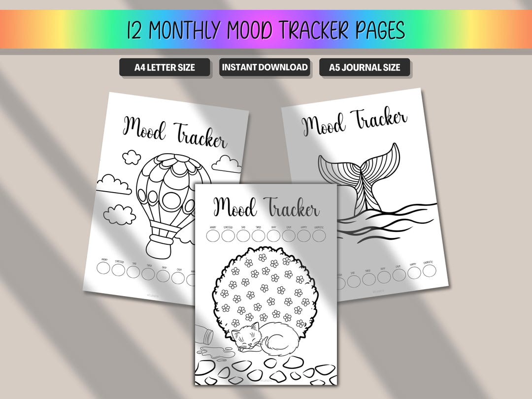 12 Month Mood Tracker Bundle, Monthly Planner Pages Kit, Premade Bullet ...