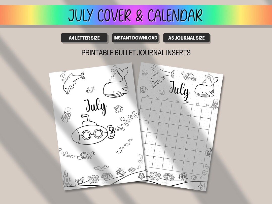 July Calendar & Cover Page, Monthly Planner Title Premade Bullet ...