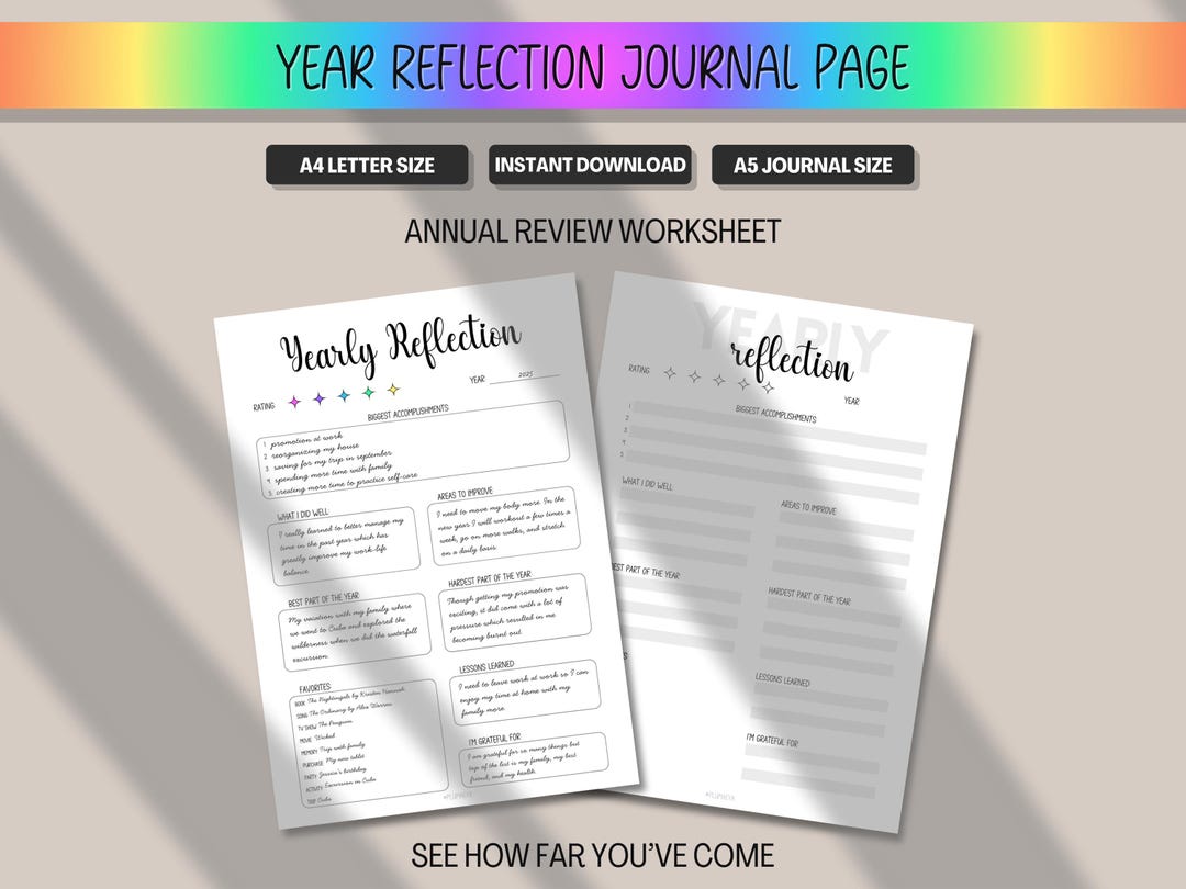 End of Year Reflection Printable Journal Page | Yearly Review Worksheet ...