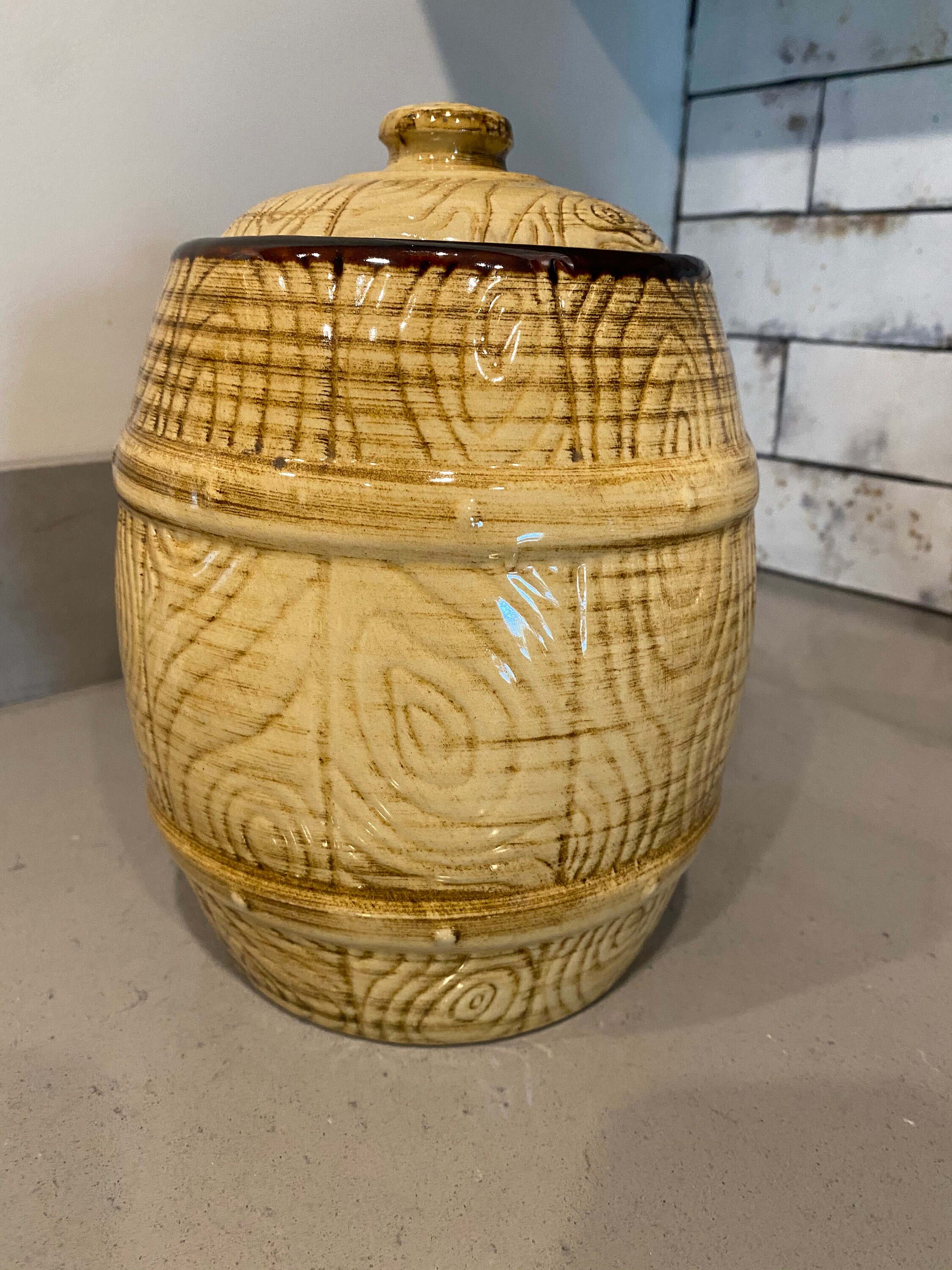 Vintage Ovenware Pottery USA Barrel Cookie Jar - Etsy
