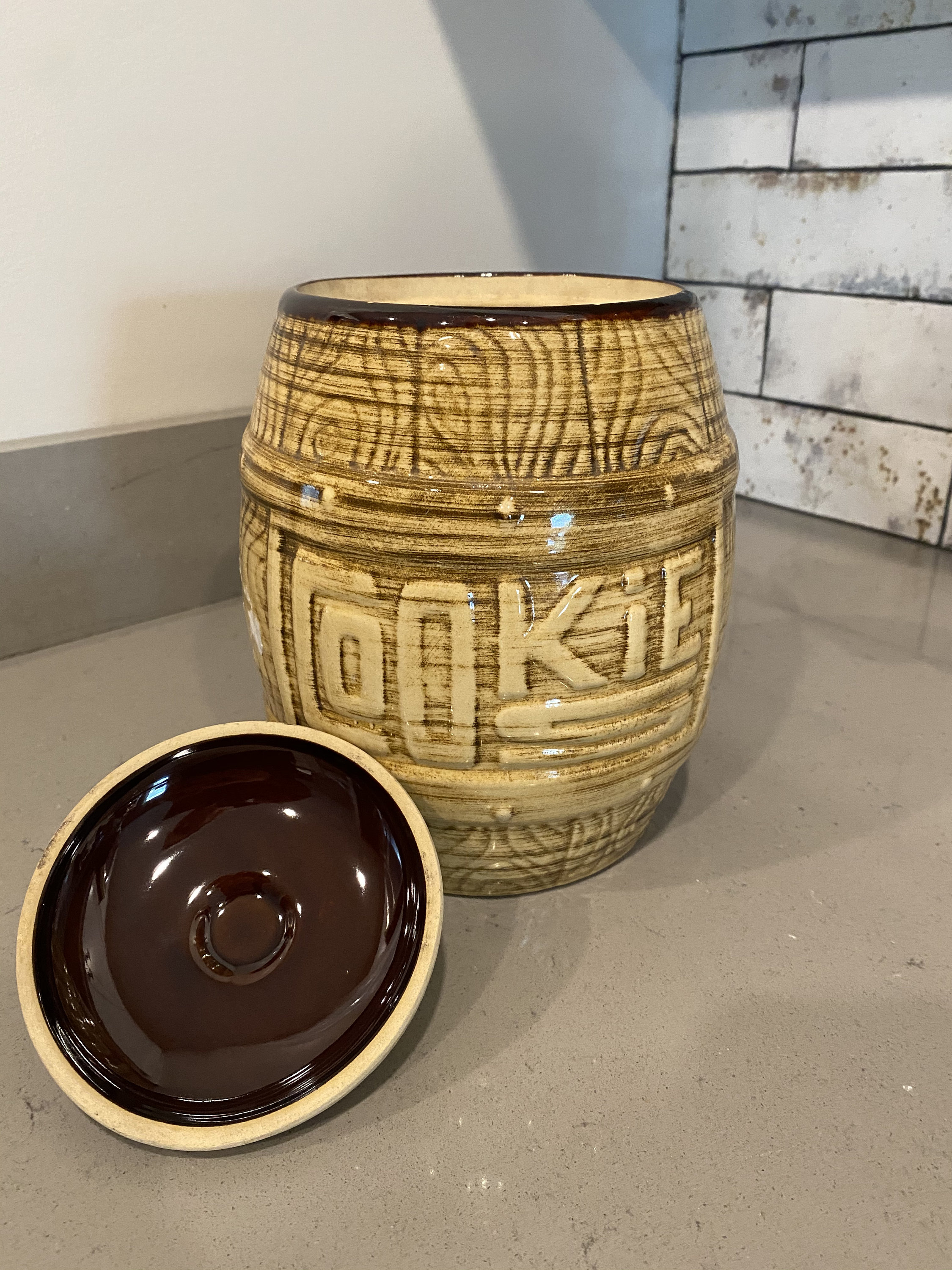 Vintage Ovenware Pottery USA Barrel Cookie Jar - Etsy