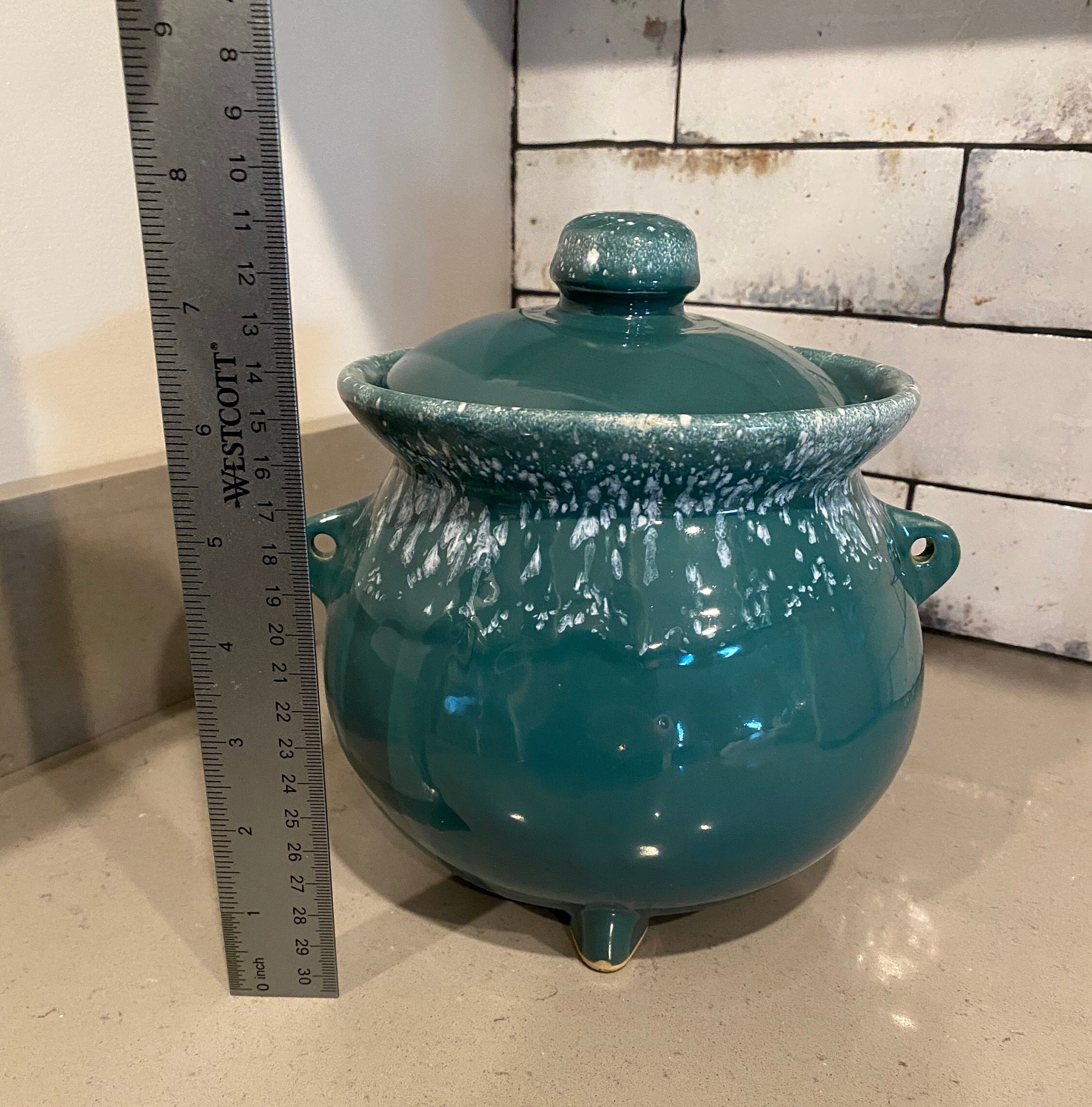 Vintage USA Teal Green Drip MCM Kettle Bean Pot Crock - Etsy