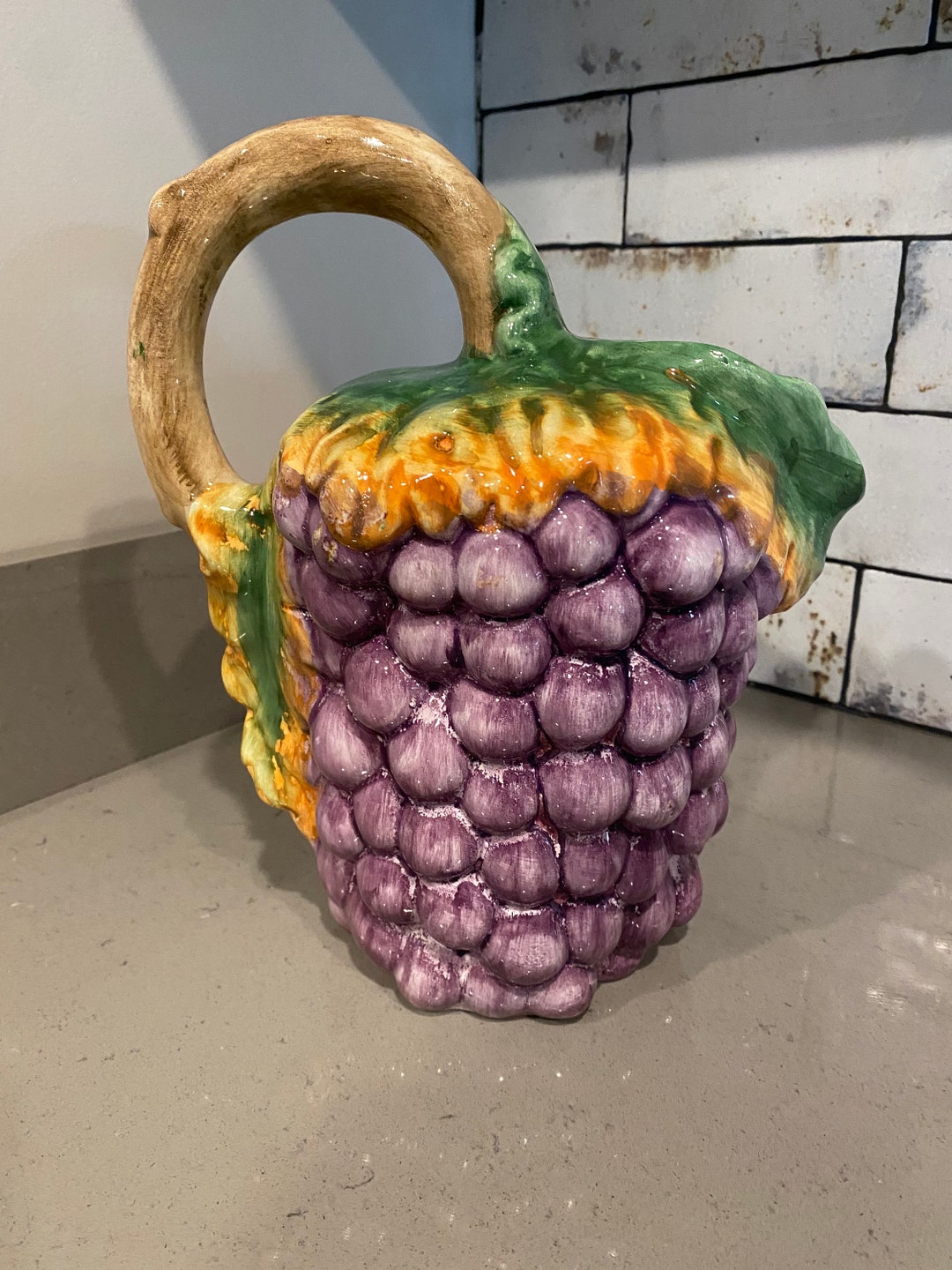 Vintage Majolica Grapes Pitcher, Hand Painted Bassano Ceramic Pitcher ...