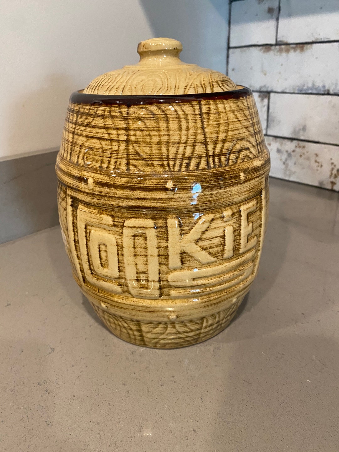 Vintage Ovenware Pottery USA Barrel Cookie Jar - Etsy