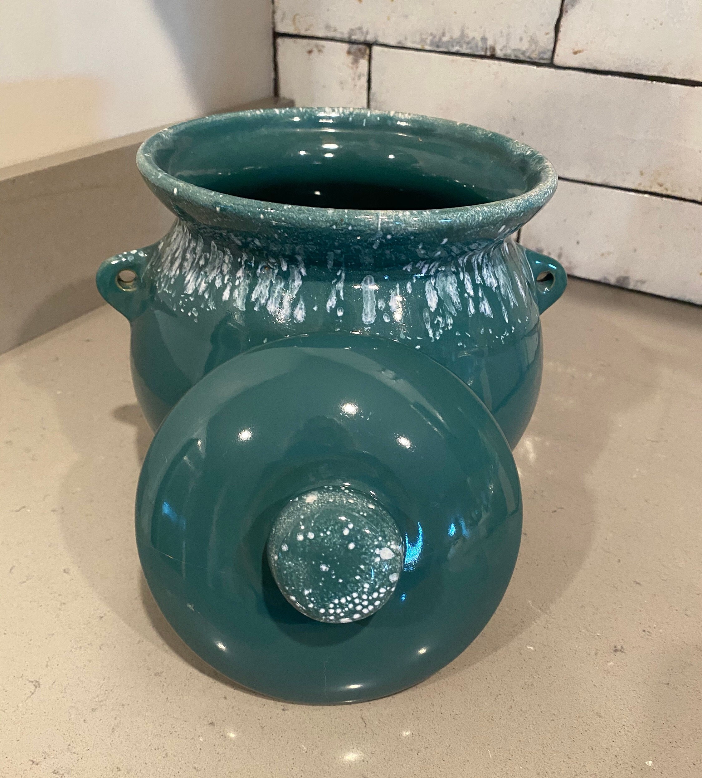 Vintage USA Teal Green Drip MCM Kettle Bean Pot Crock - Etsy