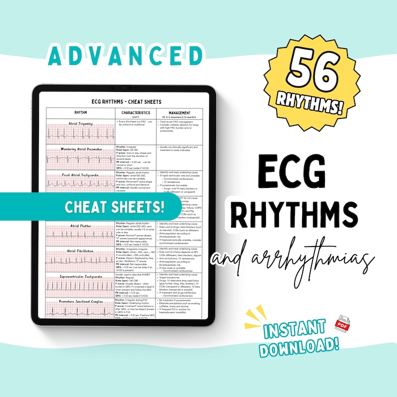 Advanced EKG & Dysrhythmias | Cheat Sheets | 55+ Rhythms | Digital ...