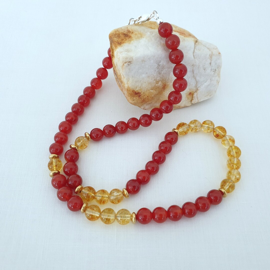 Citrine and Carnelian Gemstone Strung Bead Necklace, 55cm Long Natural ...