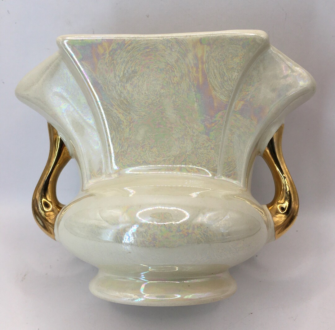 Vintage Pioneer Pottery Pearl Iridescent Vase 22k Gold Handles USA - Etsy