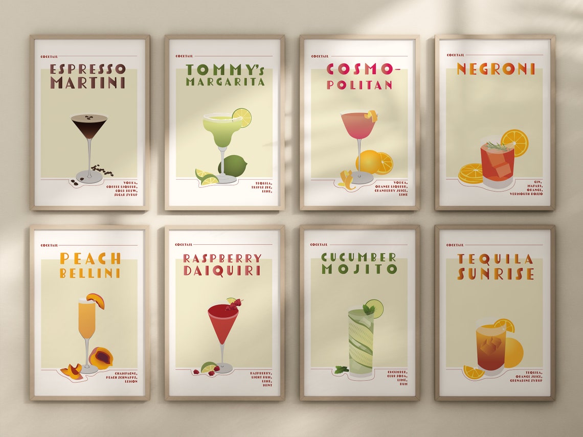 Set of 8 Cocktail Posters, Digital Download Home & Living, Wall Decor ...