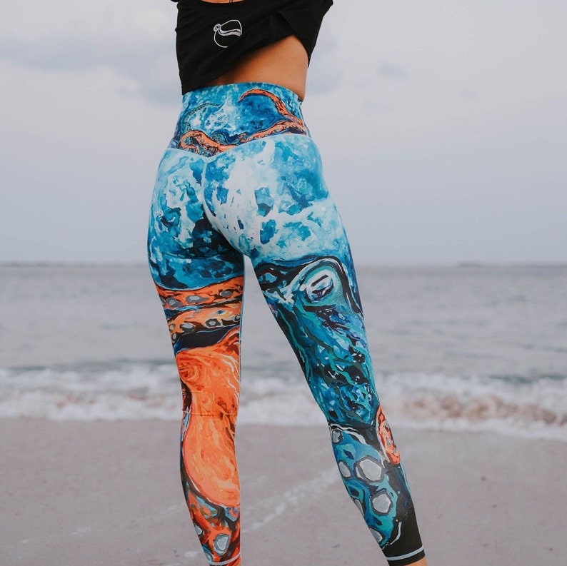 Dos Ojos Cenote Octopus Yoga Leggings, Aqua Blue and Orange, Art ...
