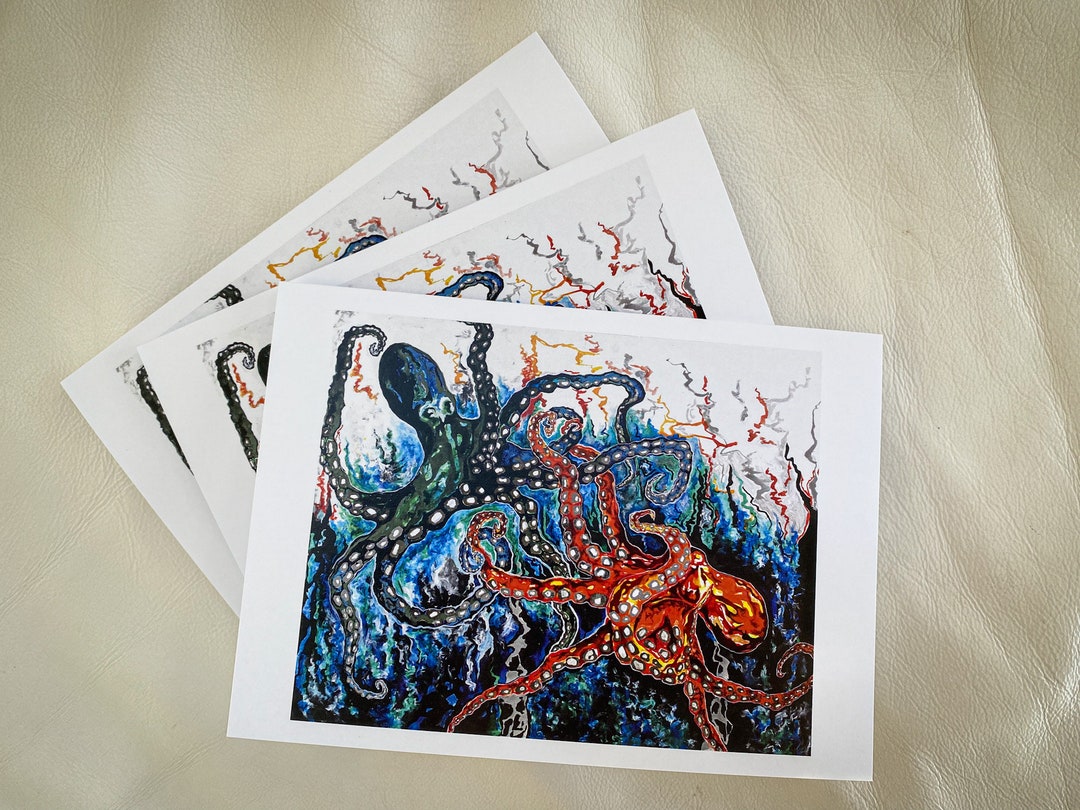 The Duel | Card for Octopus Lover, Ocean Beach Art, Gifts for Octopus ...