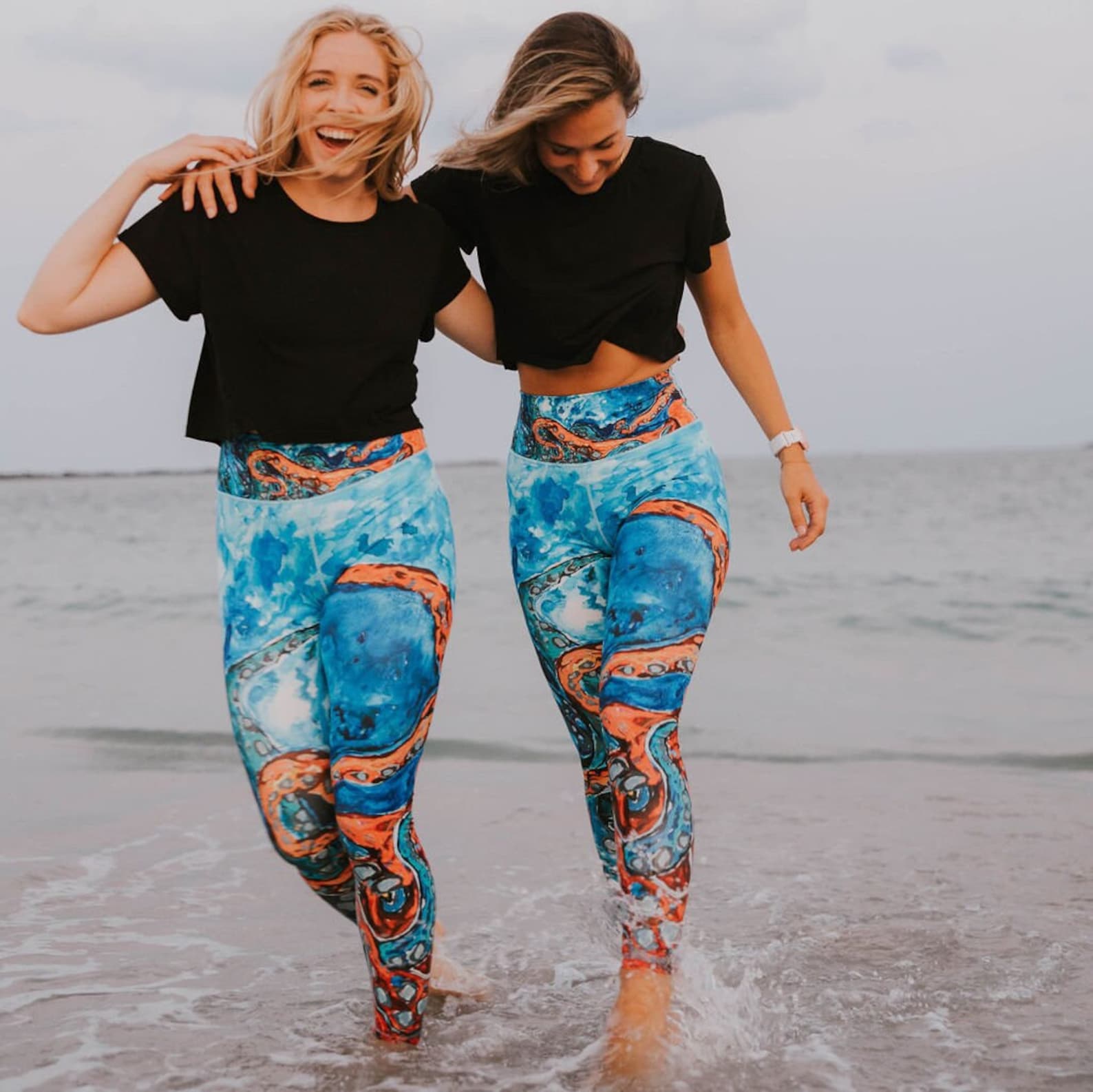 Dos Ojos Cenote Octopus Yoga Leggings, Aqua Blue and Orange, Art ...
