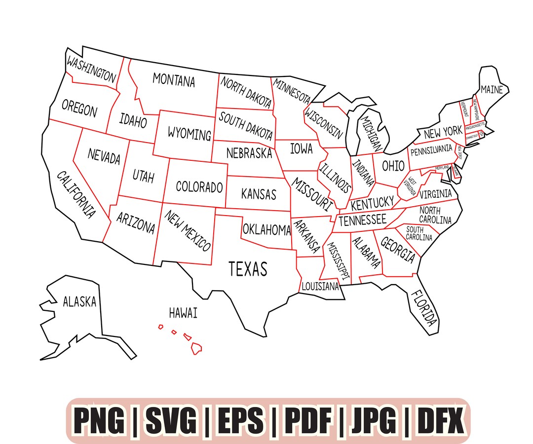 USA Map With State Names SVG Vector Map of United States Digital ...