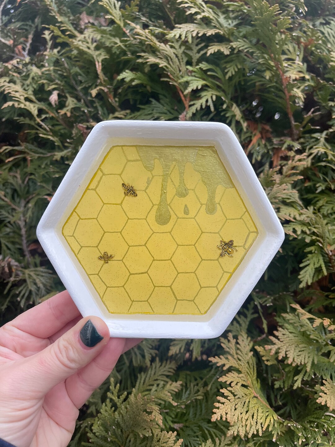 Bee Hive Honey Resin Set Yellow and Gold Tray Catch All Jewelry Dish ...