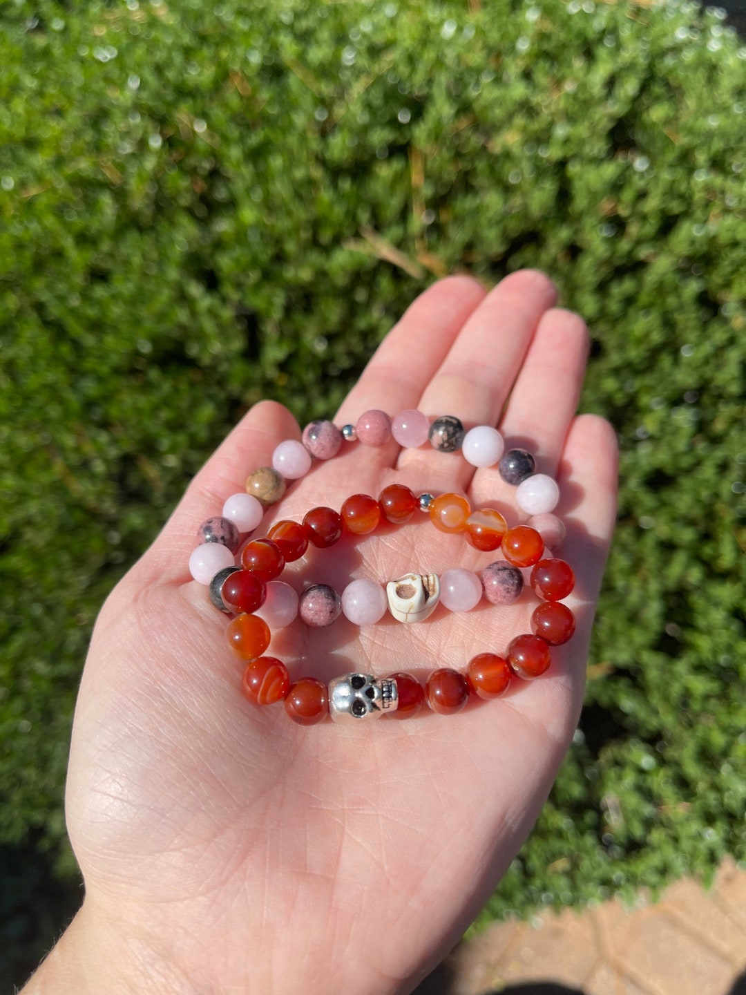 Silver Metal and Tan Skull Crystal Stretch Bracelets Beaded Carnelian ...