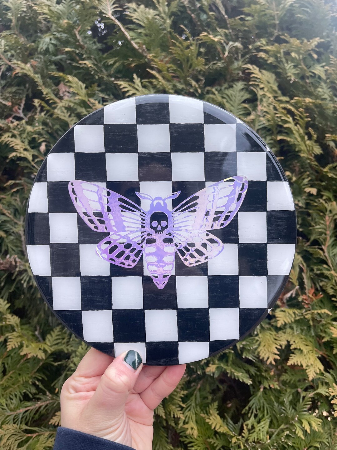 Checkered Gothic Moth Resin Set Spinning Tray Black and White Checkers ...