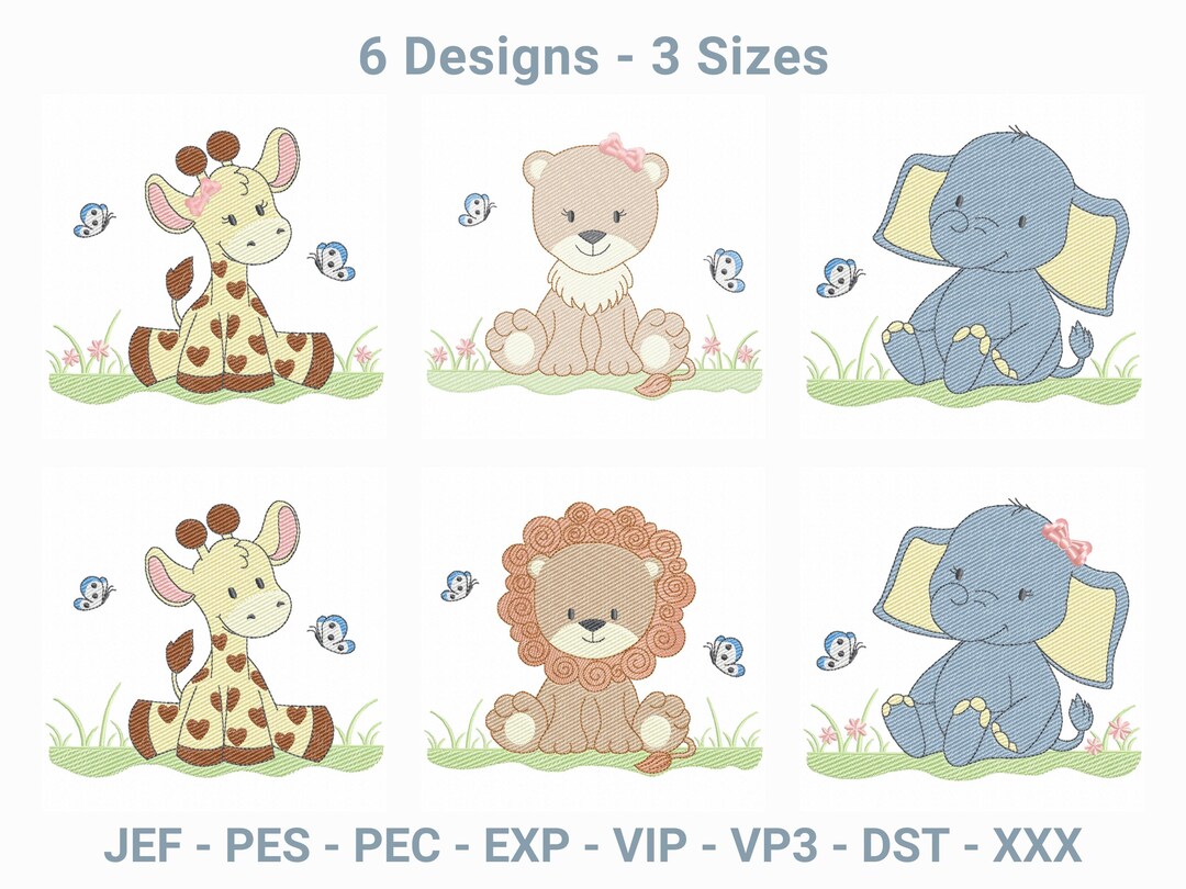 Baby Safari Animals Embroidery Design Set – Giraffe, Lion, Elephant ...