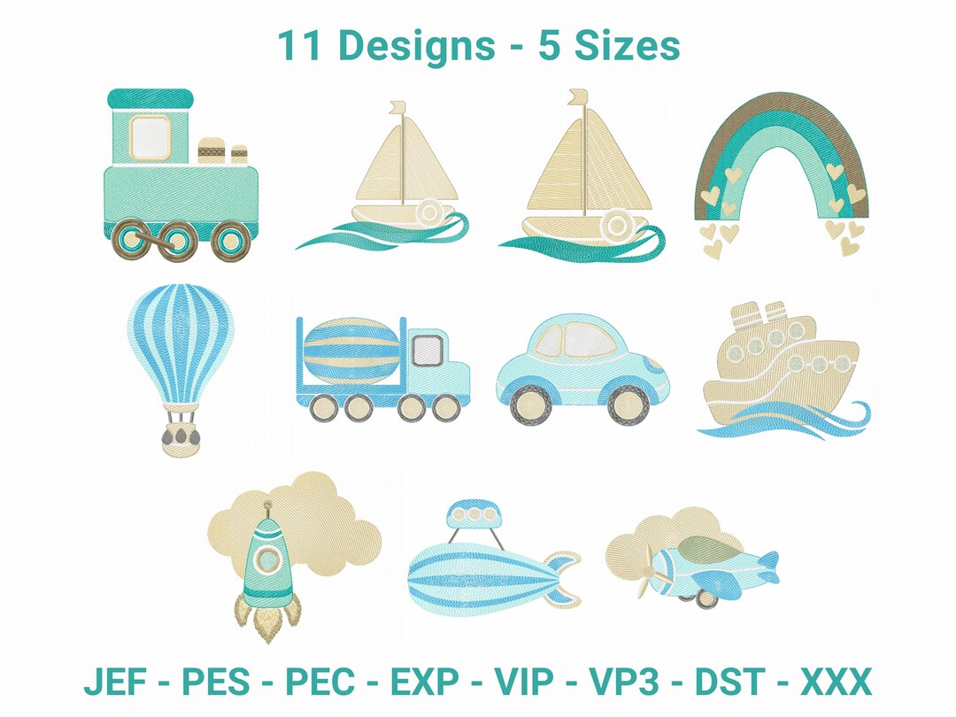 Whimsical Transportation Embroidery Design Bundle - 11 Cute Designs in ...