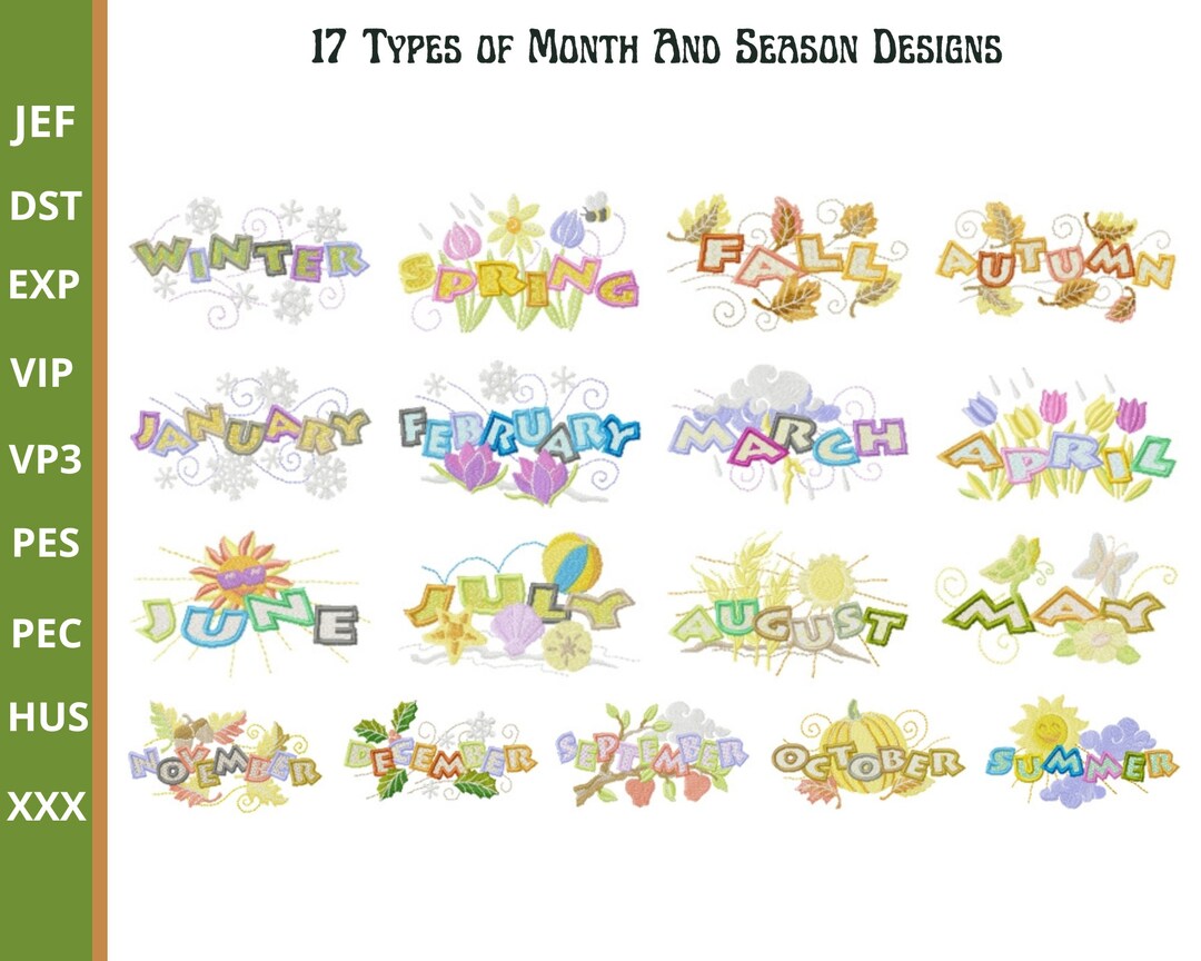 17 - Type Month & Seasons Embroidery Design , Seasonal Machine ...