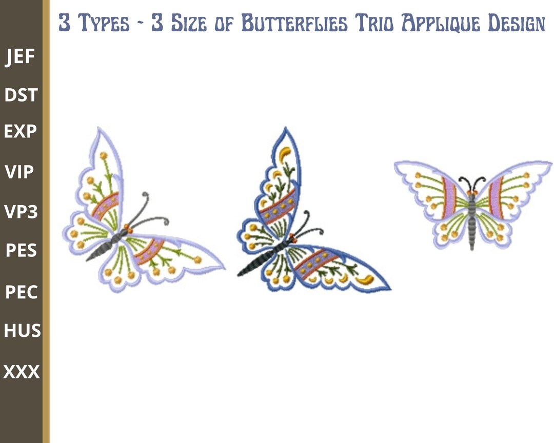 Butterflies Trio Applique Embroidery Design Machine Embroidery Pattern ...