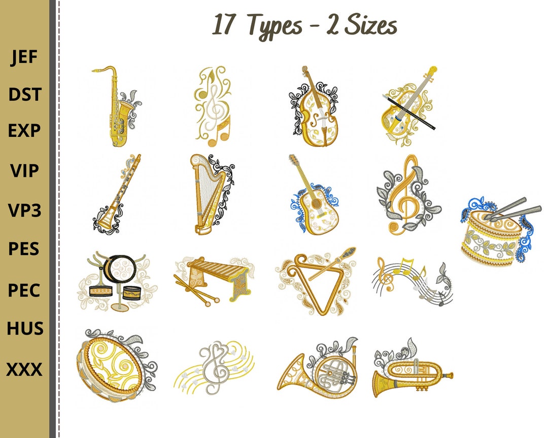 Musical Instrument Embroidery Design - 17 Types - 2 Sizes - Machine ...