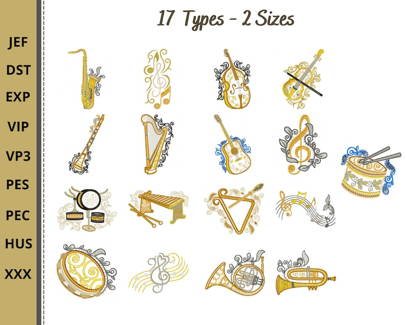 Musical Instrument Embroidery Design 17 Types 2 Sizes - Etsy