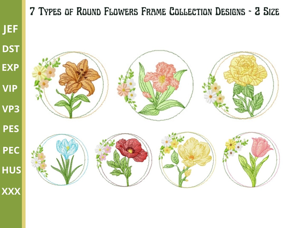 Colorful Floral Machine Embroidery Designs, Botanical Flower Round ...