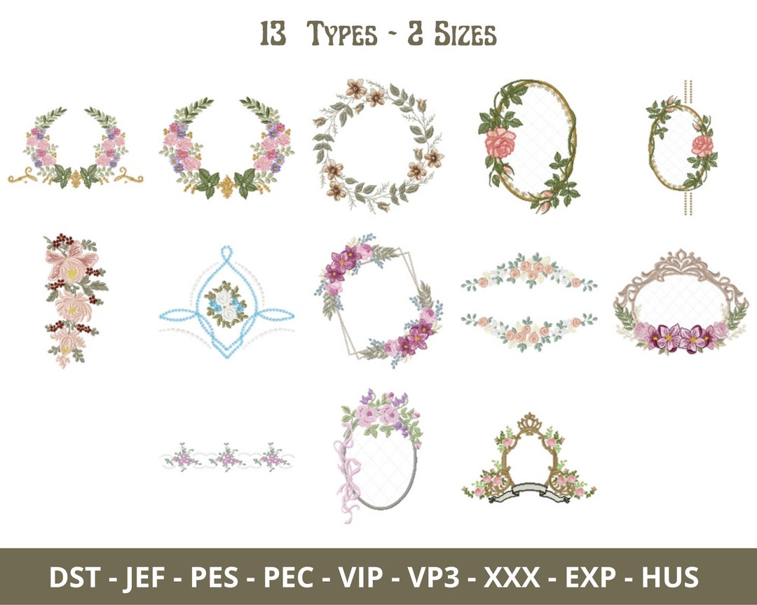 Floral Frame Machine Embroidery Design - 13 Types - 2 Sizes - Instant ...