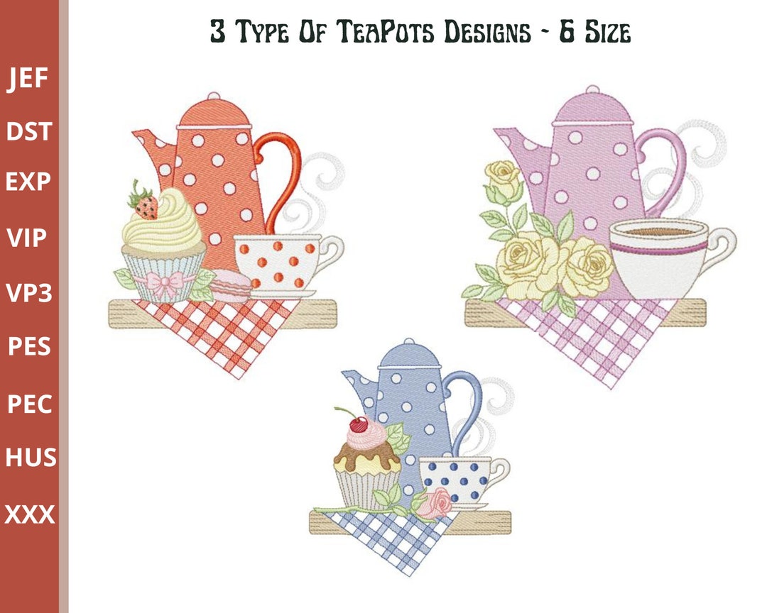 3 - Type Tea Pots Designs, Kitchen Tea Pots Machine Embroidery Design ...