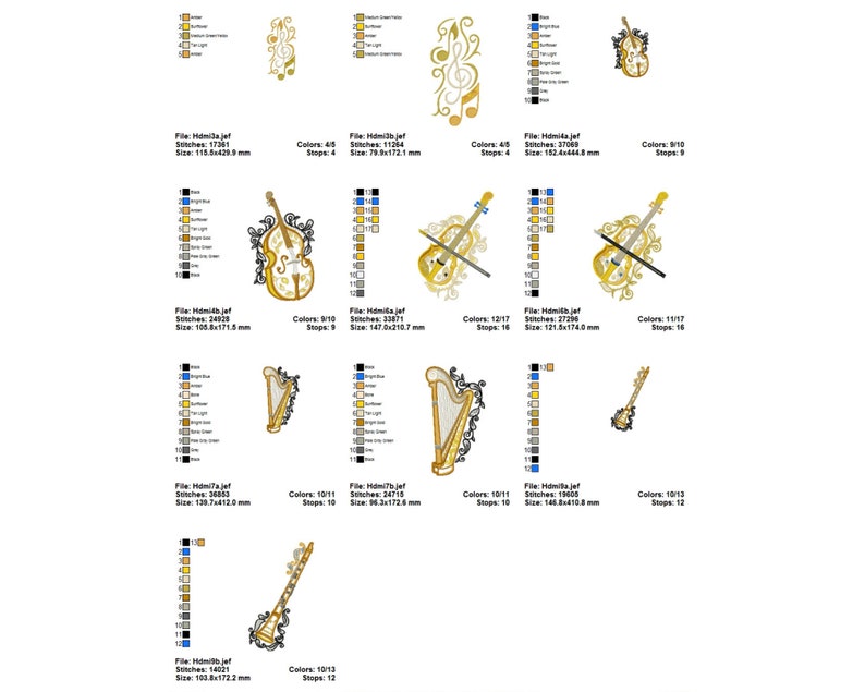 Musical Instrument Embroidery Design 17 Types 2 Sizes - Etsy