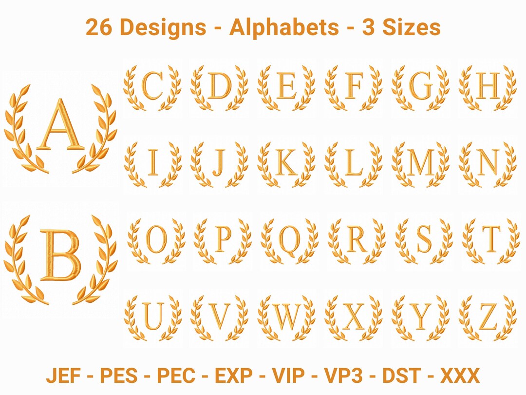 Elegant Laurel Monogram Alphabet Embroidery Design – 26 Letters in 3 ...