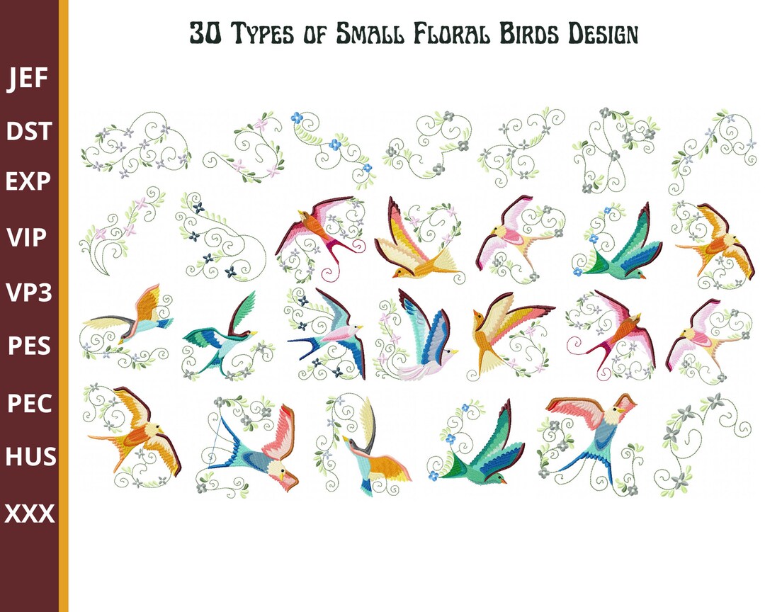 30 Type - Small Floral Bird Embroidery Designs - 1 Size , Instant ...