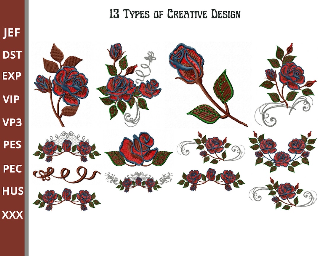 13 - Type Red Rose Flowers Embroidery Design , Beautiful Floral Machine ...