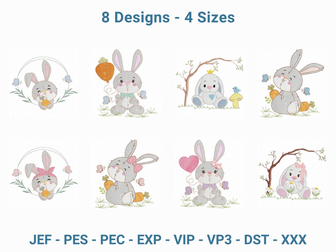Adorable Bunny Embroidery Designs - 8 Cute Rabbit Patterns - 4 Sizes ...