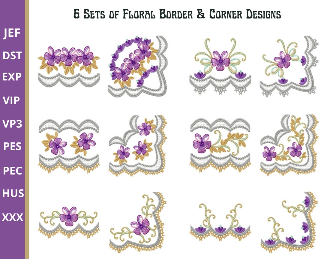 6 - Sets Elegant Floral Border & Corner Embroidery Design , Instant ...