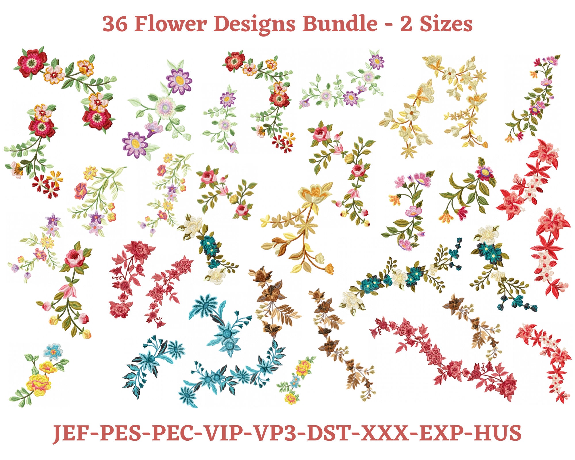 36 Flower Embroidery Design Bundle 2 Sizes Instant | Etsy
