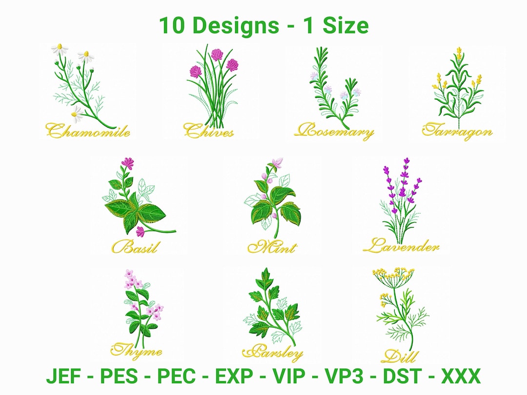 Herb Embroidery Designs - 10 Botanical Herb Patterns - 1 Size - Machine ...