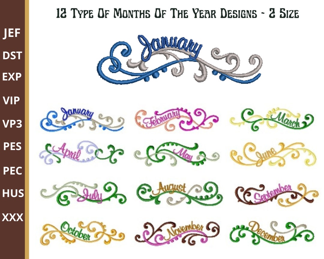 12 - Type Months of the Year Embroidery Designs , Digital Machine ...