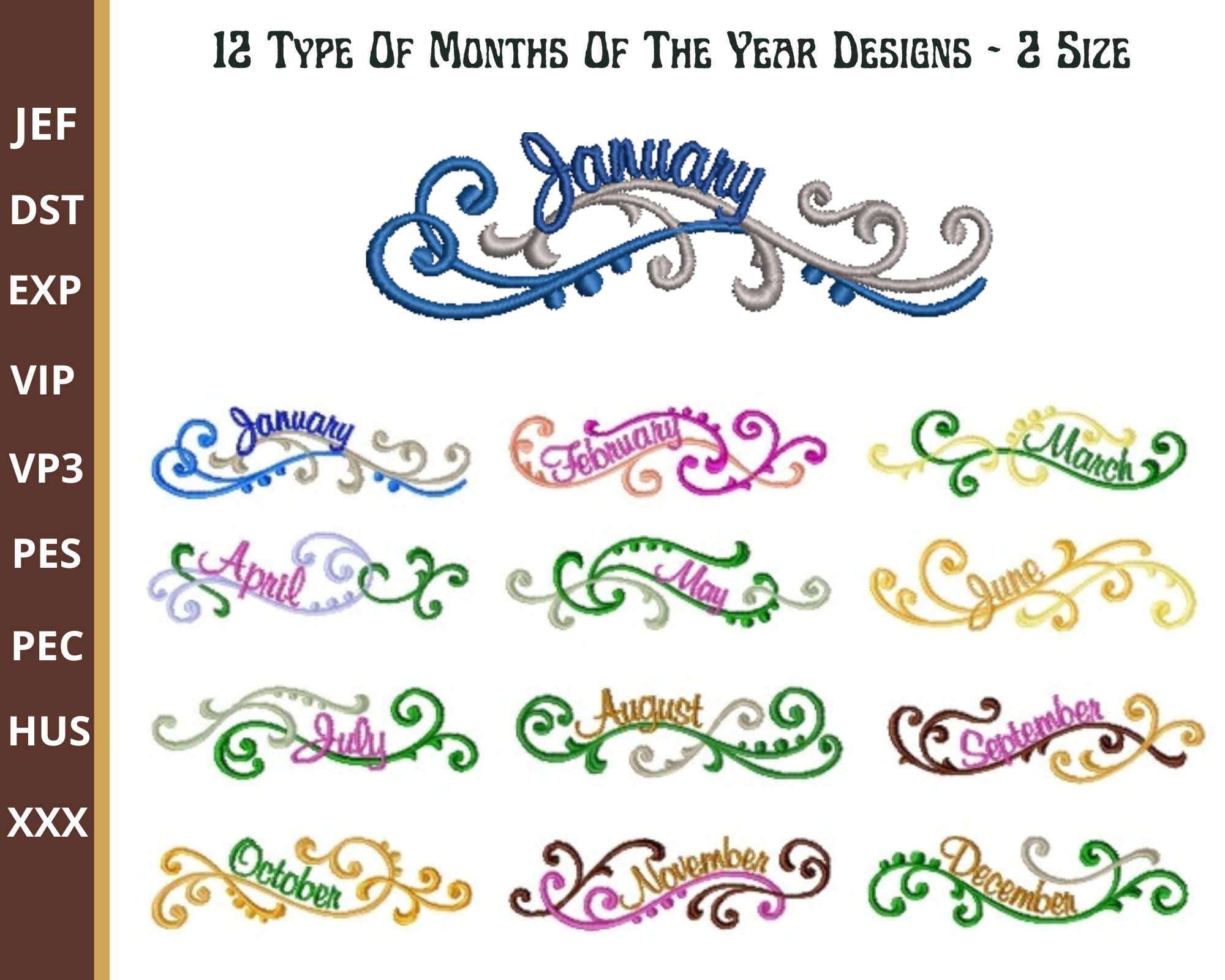 12 - Type Months of the Year Embroidery Designs , Digital Machine ...