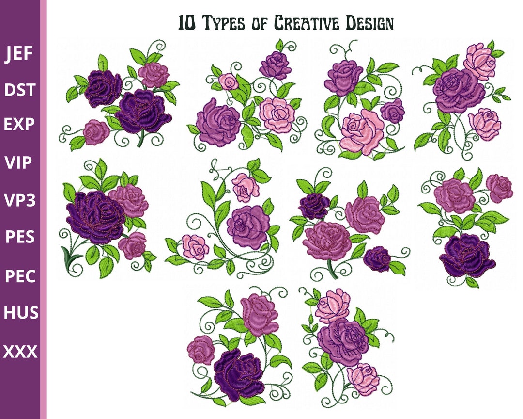10 - Type Purple Rose Flowers Embroidery Design , Beautiful Floral ...
