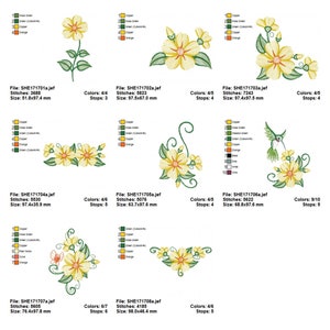 Yellow Floral Embroidery Design Collection With Hummingbird - Blossoms ...