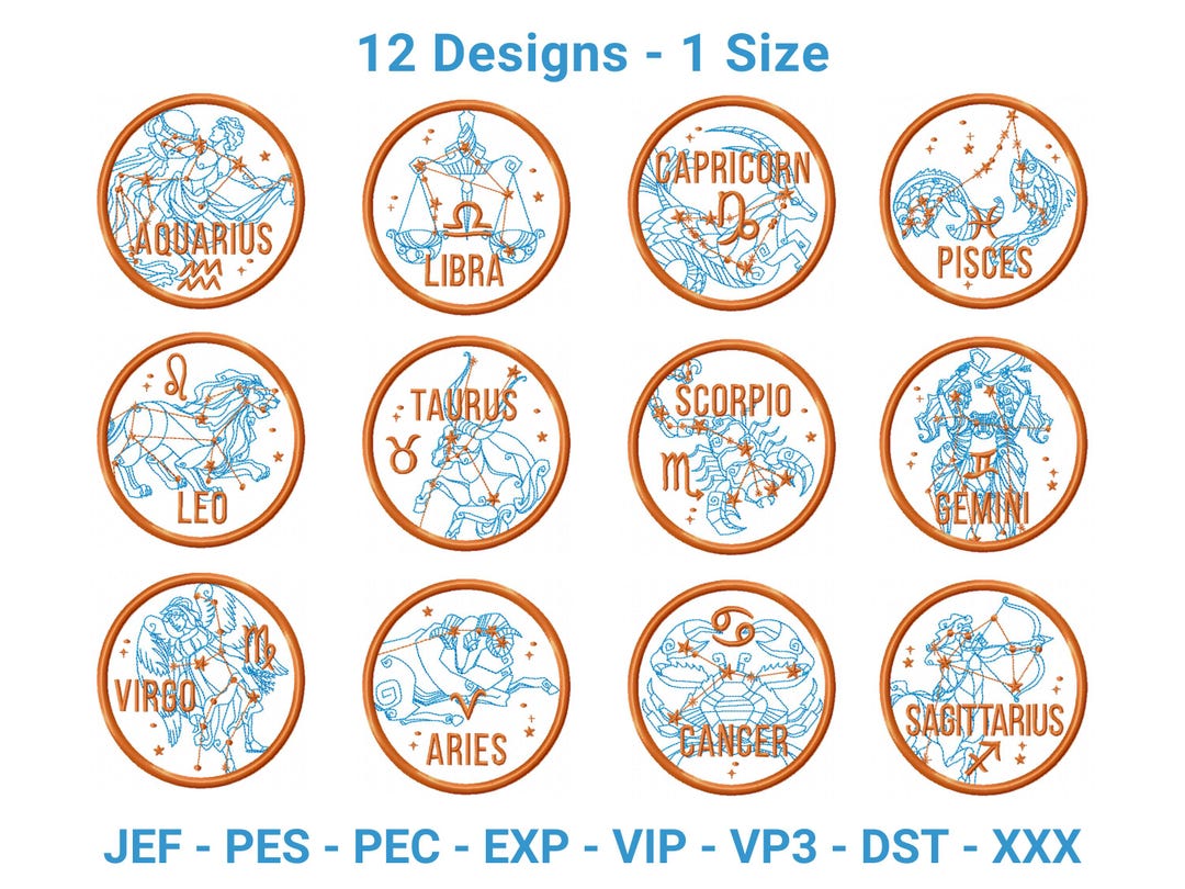 Zodiac Signs Embroidery Design - 12 Astrology Star Signs Including ...