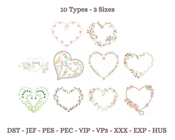 Floral Heart Embroidery Design 10 Types 3 Sizes Instant - Etsy