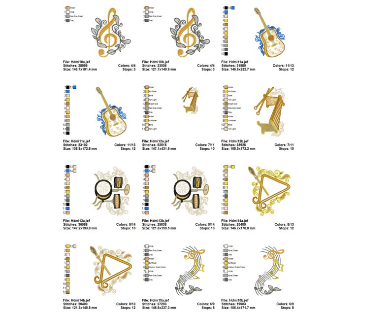 Musical Instrument Embroidery Design 17 Types 2 Sizes - Etsy