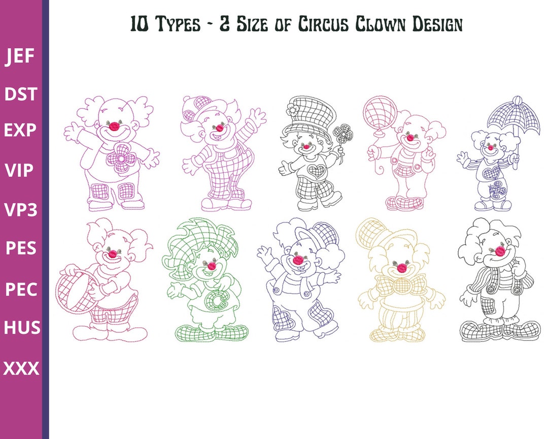 10 Type - Circus Clown Embroidery Designs - 2 Size , Instant Download ...